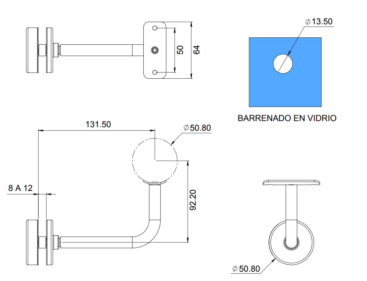Glass to Aluminum Tube Support for 2" Handrails SKU 2299ALUNA– HERRASHOP
