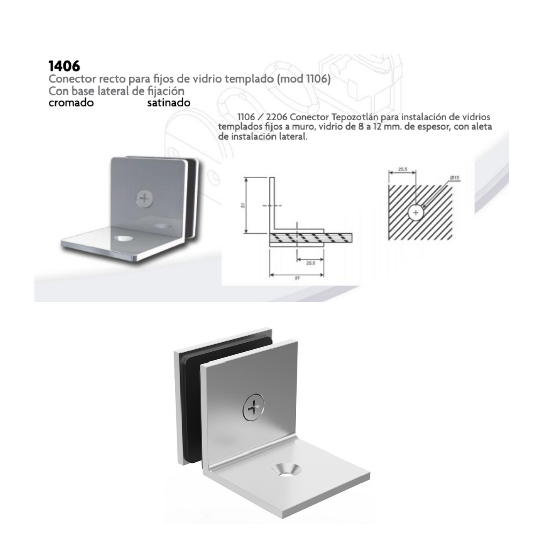 Conector Recto Para Fijos de Vidrio Templado con Base Lateral a 90° he ...